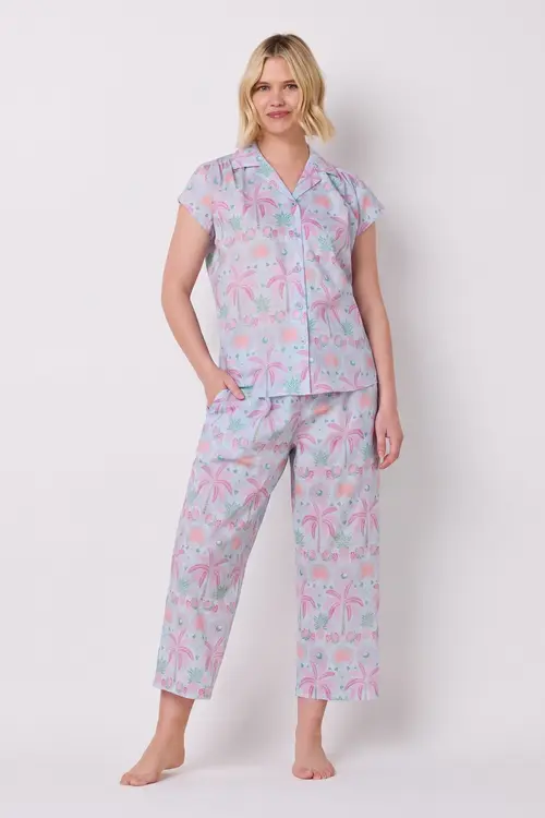 THE CAT'S PAJAMAS Floral Cotton Voile Short-sleeved Capri Pajama Set - Pink Palms Please