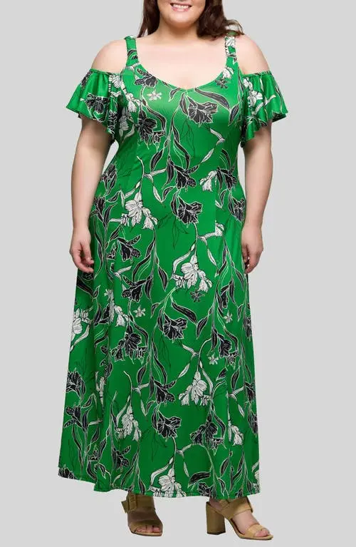 24SEVEN COMFORT APPAREL Printed Cold Shoulder Jersey Maxi Dress - Green Multi