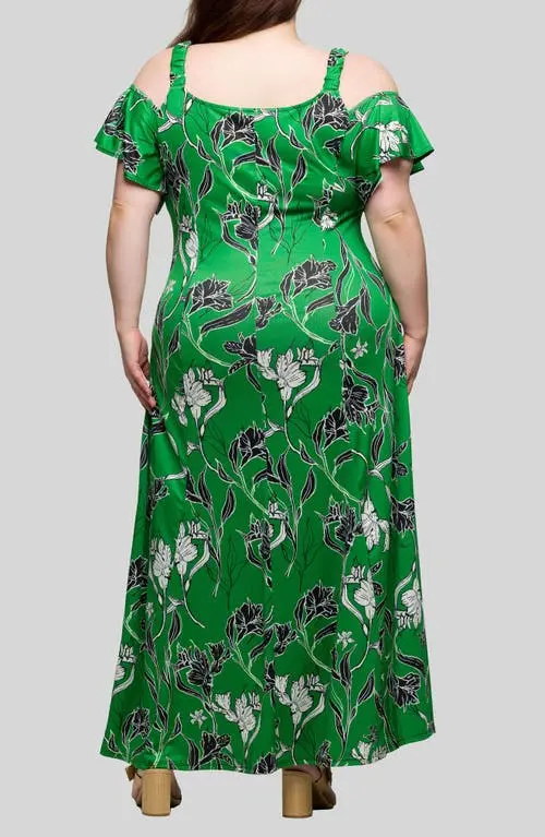 24SEVEN COMFORT APPAREL Printed Cold Shoulder Jersey Maxi Dress - Green Multi