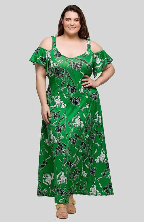 24SEVEN COMFORT APPAREL Printed Cold Shoulder Jersey Maxi Dress - Green Multi
