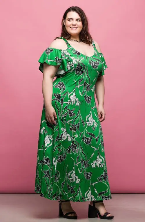 24SEVEN COMFORT APPAREL Printed Cold Shoulder Jersey Maxi Dress - Green Multi