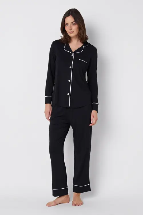 THE CAT'S PAJAMAS Classic Solid Pima Knit Pajama Set - Black