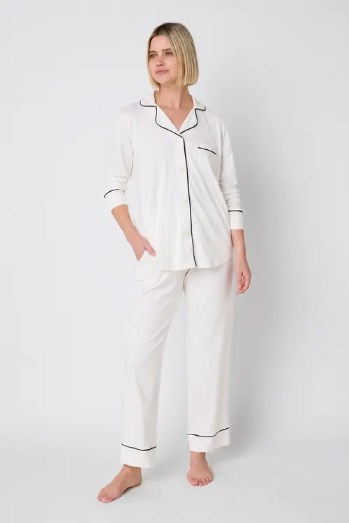 THE CAT'S PAJAMAS Classic Solid Pima Knit Pajama Set - Ivory