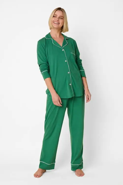 THE CAT'S PAJAMAS Classic Solid Pima Knit Pajama Set - Pine