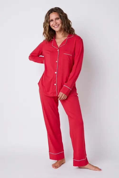 THE CAT'S PAJAMAS Classic Solid Pima Knit Pajama Set - Red