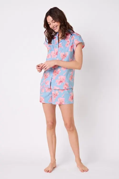 THE CAT'S PAJAMAS Pima Cotton Pajama Short Set - Celeste