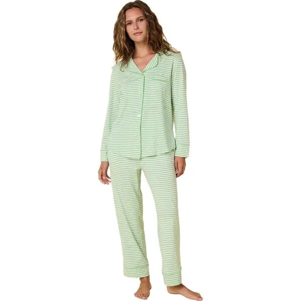 THE CAT'S PAJAMAS Pima Knit Pajama Floral Set - Esential Stripe Pistachio