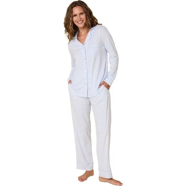 THE CAT'S PAJAMAS Pima Knit Pajama Holiday Set - Essential Stripe Heavenly Blue