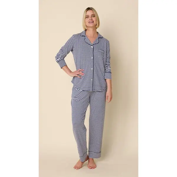 THE CAT'S PAJAMAS Pima Knit Pajama Floral Set - Essential Stripe Navy