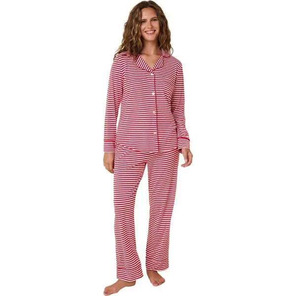 THE CAT'S PAJAMAS Pima Knit Pajama Floral Set - Essential Stripe Red