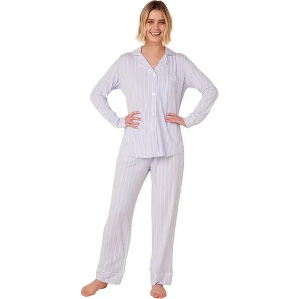 THE CAT'S PAJAMAS Pima Knit Pajama Set Conversational - Heritage Stripe Blue