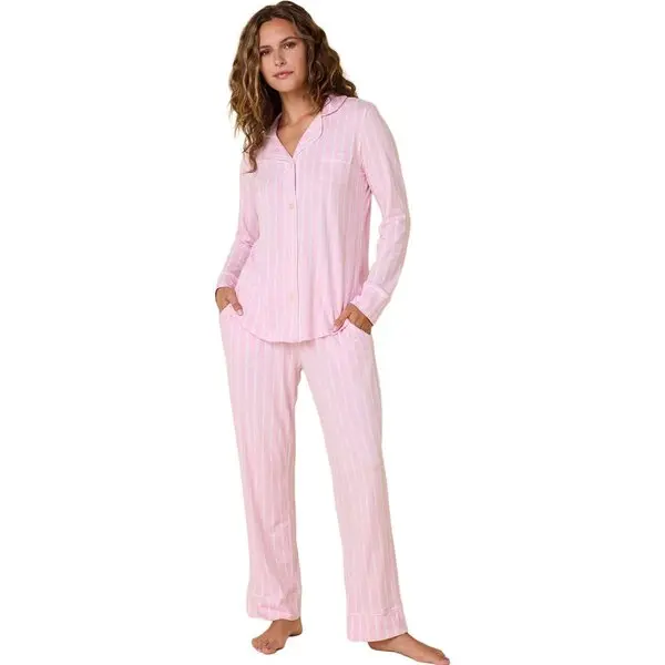 THE CAT'S PAJAMAS Pima Knit Pajama Floral Set - Heritage Stripe Pink