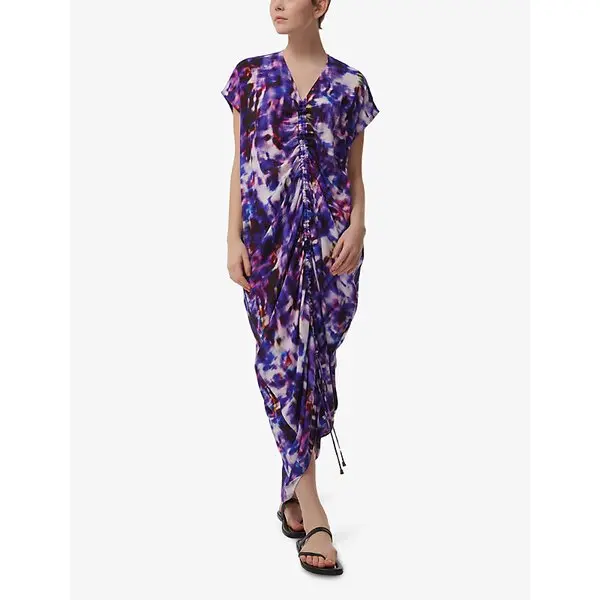 LEEM Ruched-front Printed Woven Kaftan