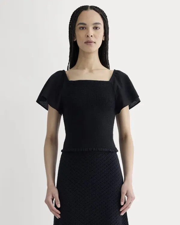 Everlane Gauze Smocked Top - Black