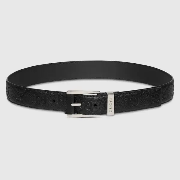 Gucci Embossed Gg Leather Belt With Squared Buckle - Black