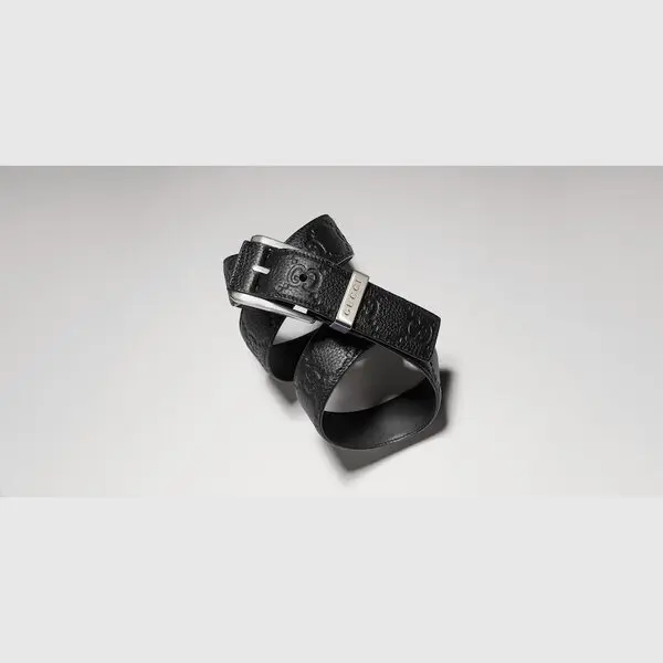 Gucci Embossed Gg Leather Belt With Squared Buckle - Black