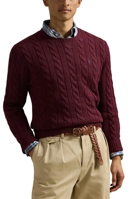 Polo Ralph Lauren Cable Knit Cotton Crewneck Sweater - Mulberry Jam Heather