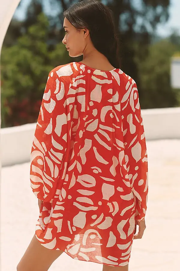 Maeve Long-sleeve Tie-neck Mini Kaftan - Red Pattern