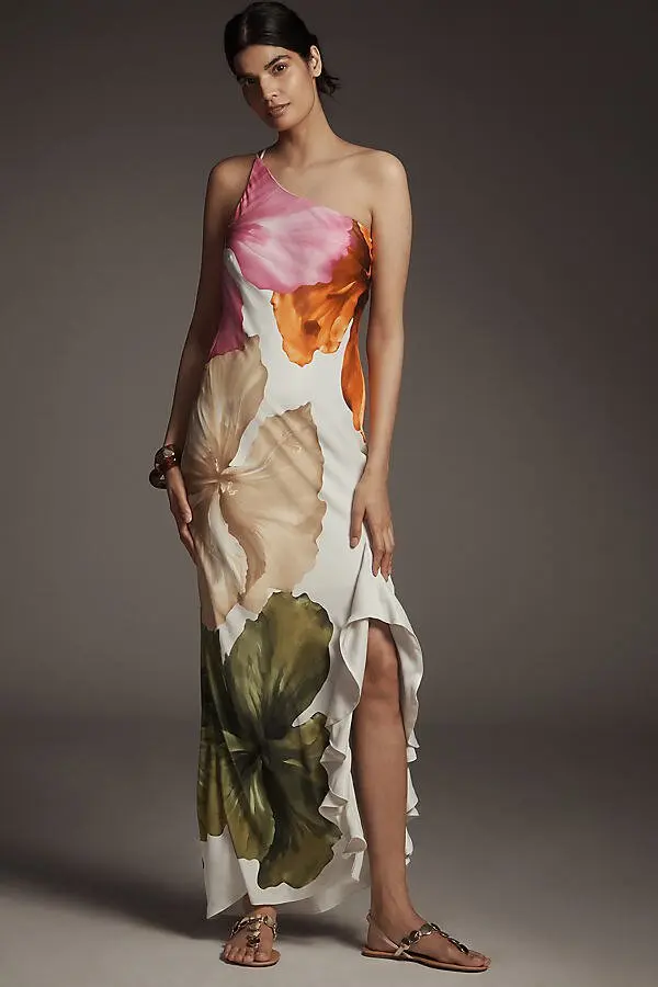 Anthropologie One-Shoulder Asymmetric Floral Maxi Dress In Neutral Floral -  66% Off | Editorialist