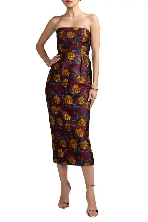 Mac Duggal Strapless Tropical Floral Brocade Midi Dress - Plum Multi