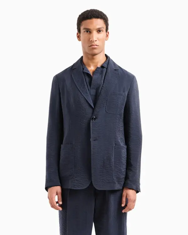 Giorgio Armani Single-breasted Jacquard Cupro Jacket - Blue