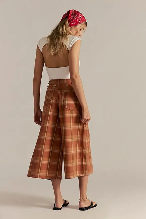 Free People We The Free High Top Wide Leg Crop Plaid Jeans