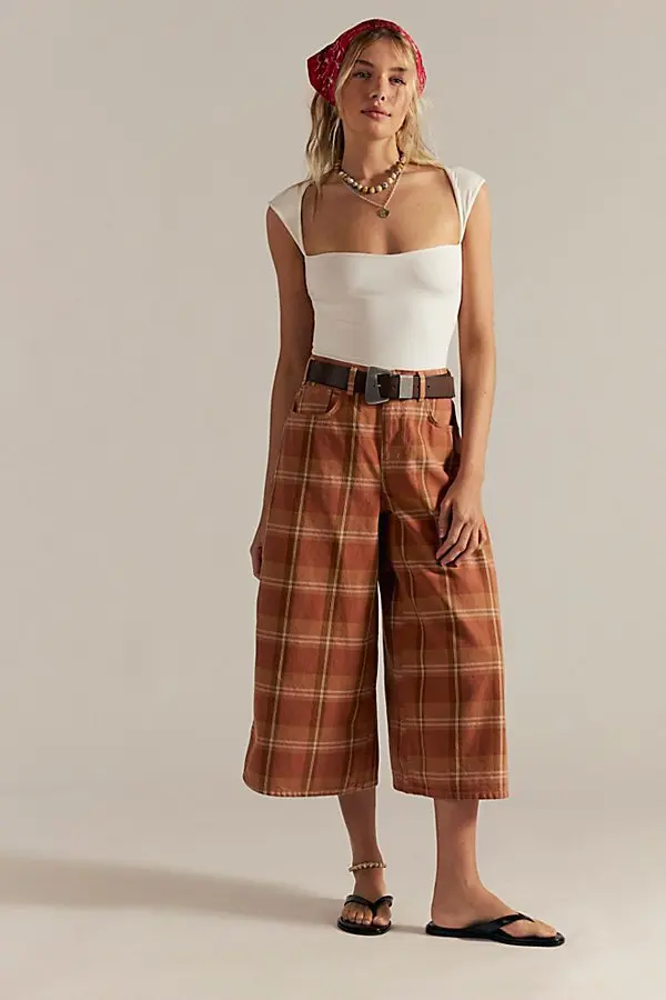 Free People We The Free High Top Wide Leg Crop Plaid Jeans