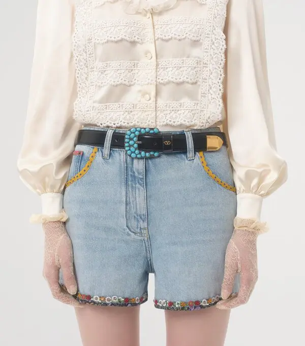 Valentino Garavani Leather Belt With Gemstone Buckle - Black  display picture 1