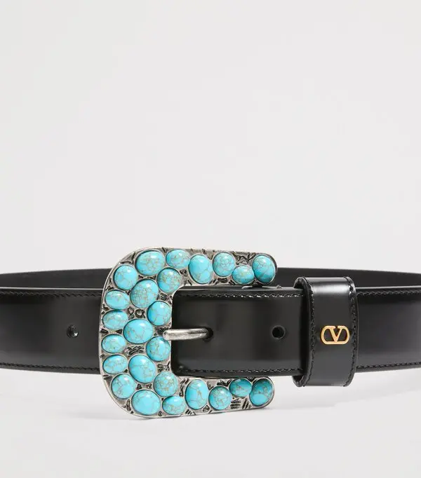 Valentino Garavani Leather Belt With Gemstone Buckle