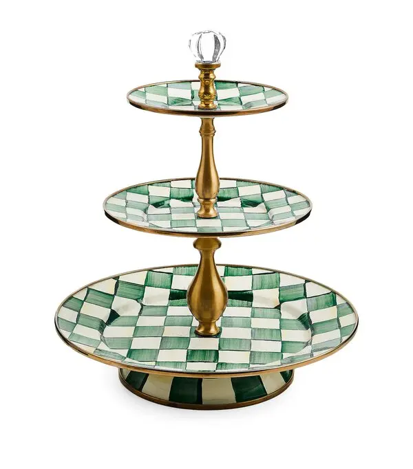 MACKENZIE-CHILDS Emerald Check Three-tier Sweet Stand - Green