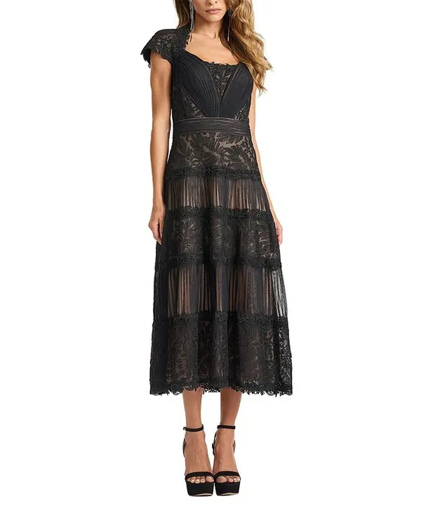 Tadashi Shoji Boette Lace Tea-length Dress - Black/nude