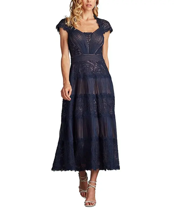 Tadashi Shoji Pleated Mesh And Lace Midi Dress - Navy | Editorialist