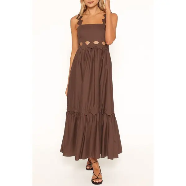 PETAL & PUP Cotton Dixie Scalloped Cutout Maxi Dress - Brown