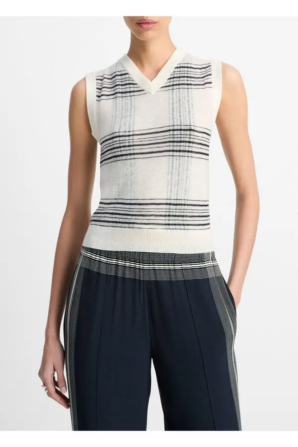Vince Featherweight Plaid Wool Sweater Vest - Blue