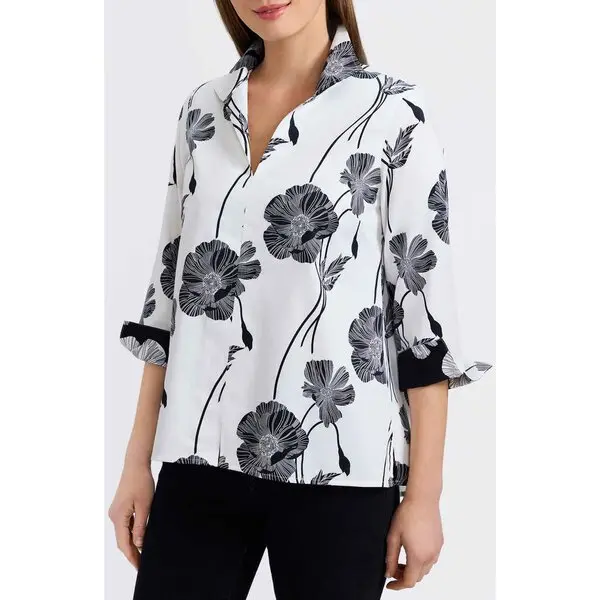 Foxcroft Agnes Poppy Print Popover Top - White/ Black