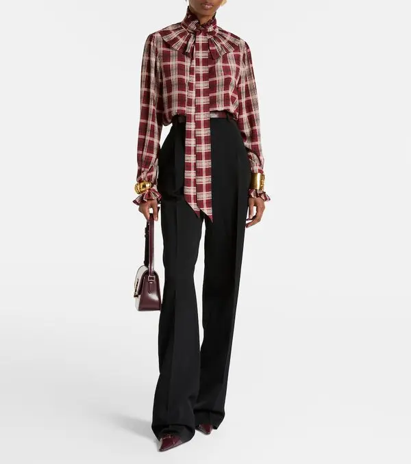 Saint Laurent Checked Silk Blouse - Red