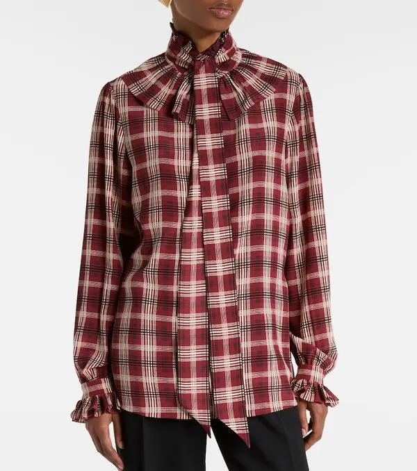 Saint Laurent Checked Silk Blouse - Red