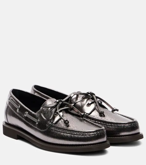 Brunello Cucinelli Monili Metallic Leather Boat Shoes - Black