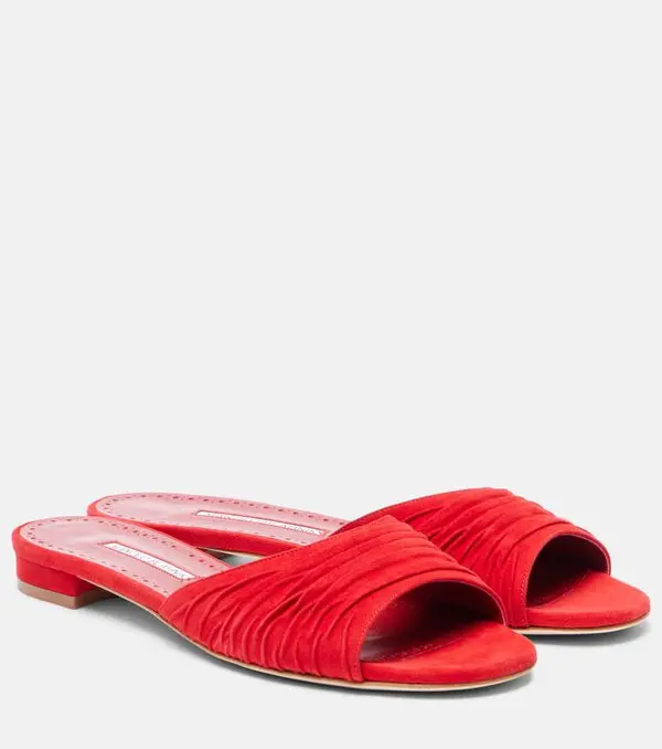 Manolo Blahnik Piruaflat Gathe Suede Slides - Red