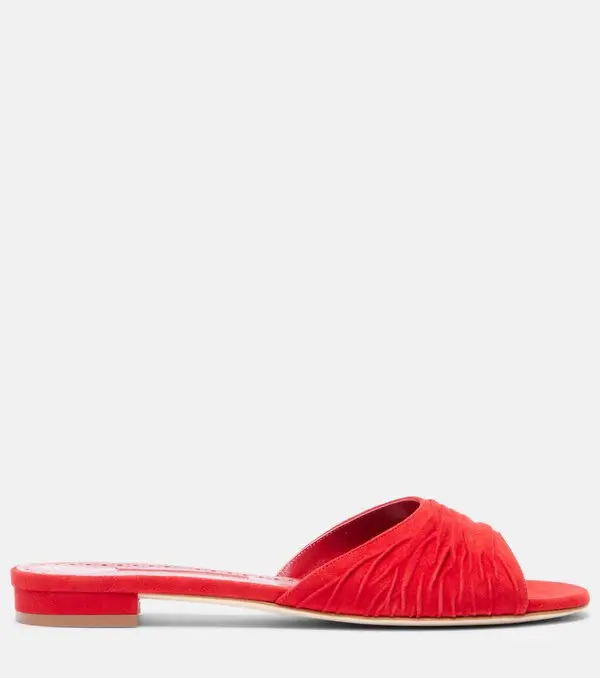 Manolo Blahnik Piruaflat Gathe Suede Slides - Red