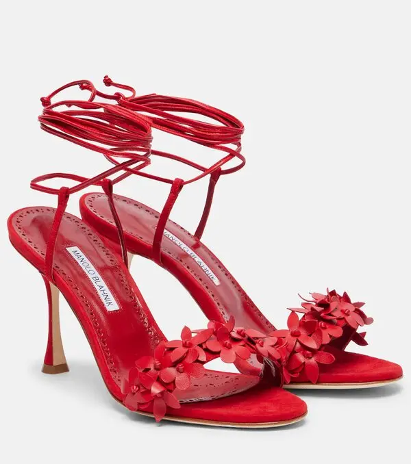Manolo Blahnik Anista Floral-appliqué Leather Sandals - Red