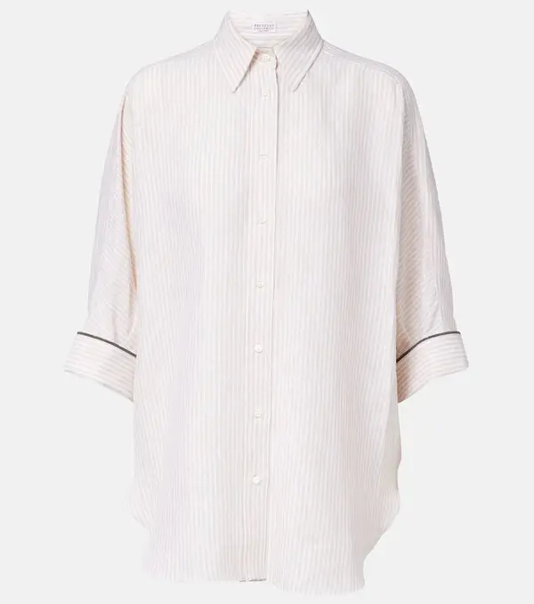 Brunello Cucinelli Monili Striped Oversized Linen Shirt - White