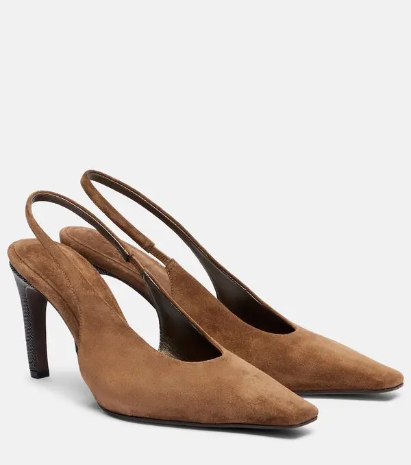 Brunello Cucinelli Monili Suede Slingback Pumps - Brown