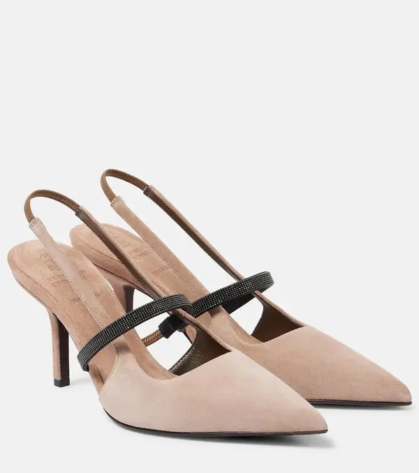 Brunello Cucinelli Monili Suede Slingback Pumps - Neutrals