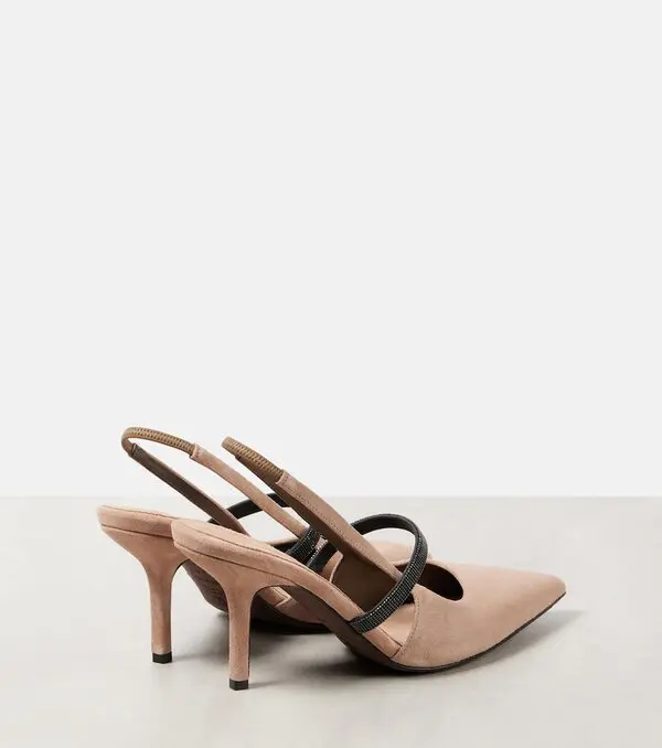 Brunello Cucinelli Monili Suede Slingback Pumps - Neutrals