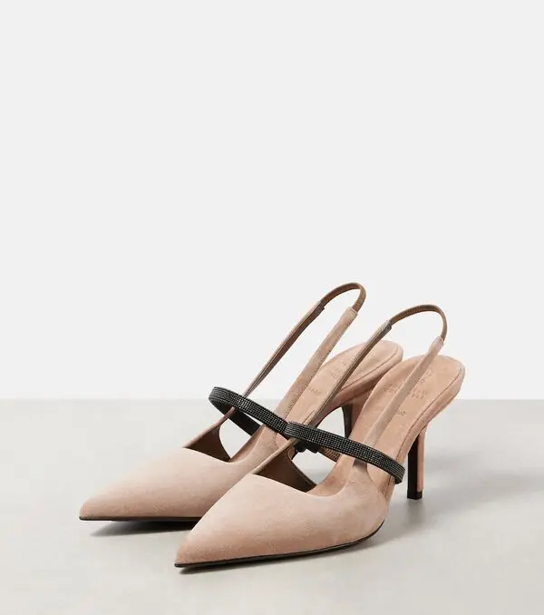 Brunello Cucinelli Monili Suede Slingback Pumps - Neutrals