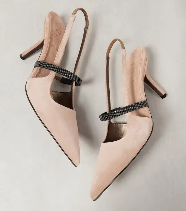 Brunello Cucinelli Monili Suede Slingback Pumps - Neutrals