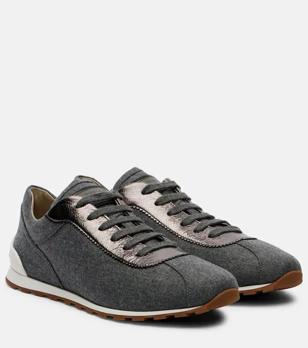 Brunello Cucinelli Leather-trimmed Felt Sneakers - Grey