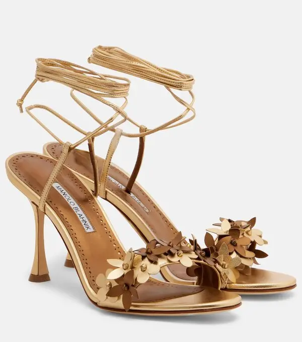 Manolo Blahnik Anista Floral-appliqué Leather Sandals - Gold