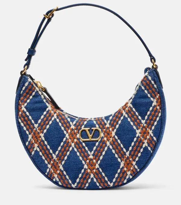 Valentino Garavani Quiltie 67 Embroidered Denim Shoulder Bag - Blue